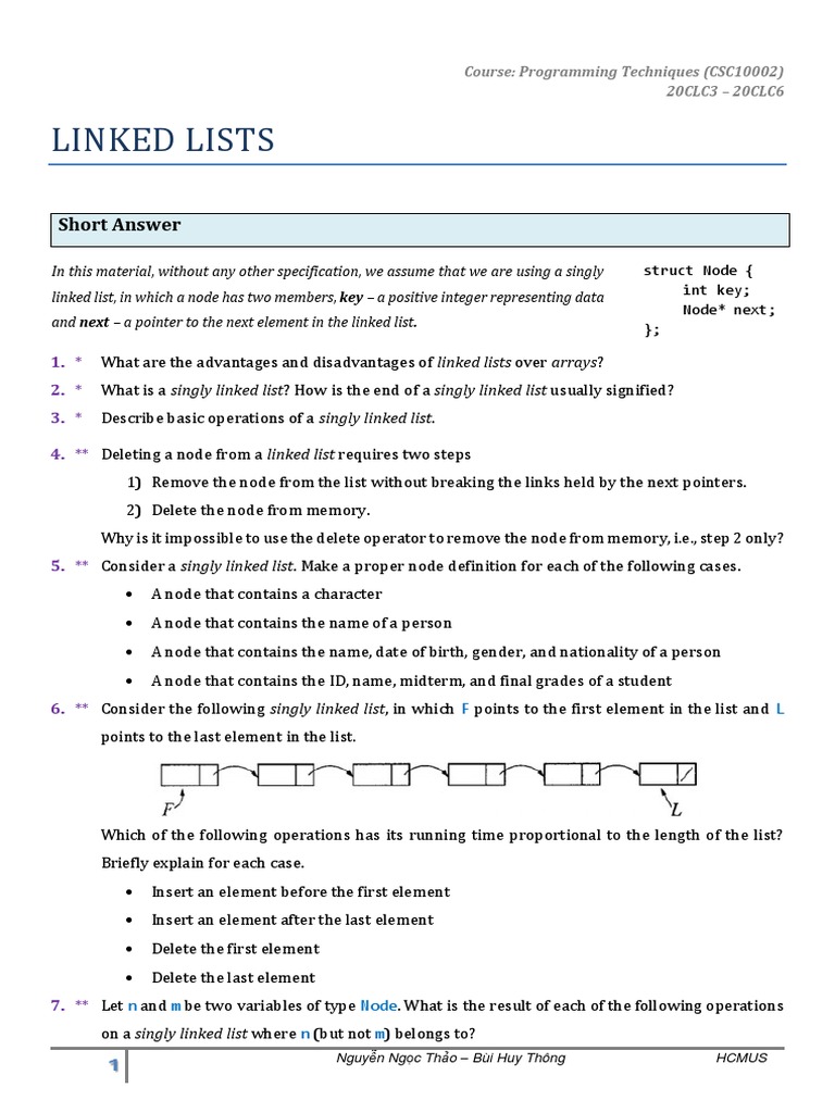 Linked Lists: Short Answer | PDF | Pointer (Computer Programming) | Array Data Structure