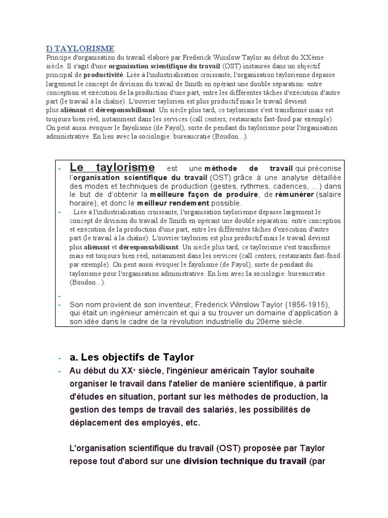 Les principes du taylorisme expliqués | PDF | Division du travail ...