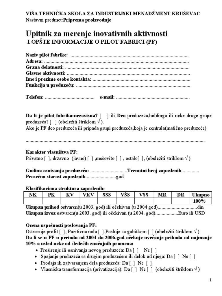 Upitnik Za Merenje Inovativnih Aktivnosti | PDF