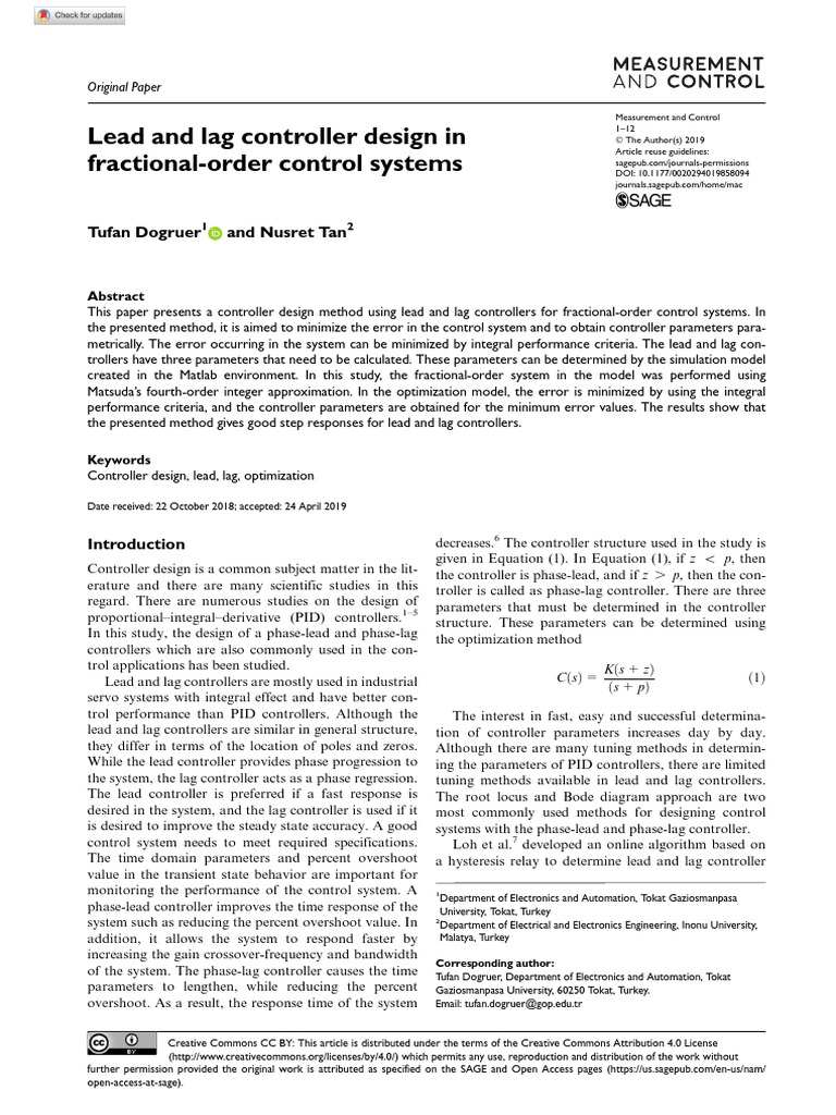 Lead and Lag Controller Design in Fractional-Order Control Systems ...