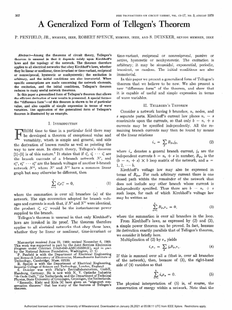 A Generalized Form of Tellegen's Theorem: Ieee Tr4Nsactions On Circuit ...