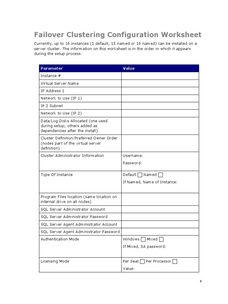Failover Clustering Configuration Worksheet: Parameter Value | PDF ...