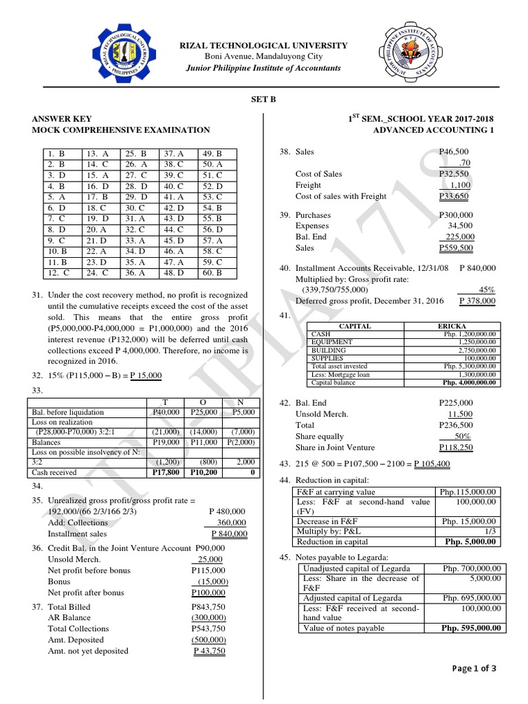 Advanced Accounting Mock Exam Answer Key | PDF | Gross Income | Book Value