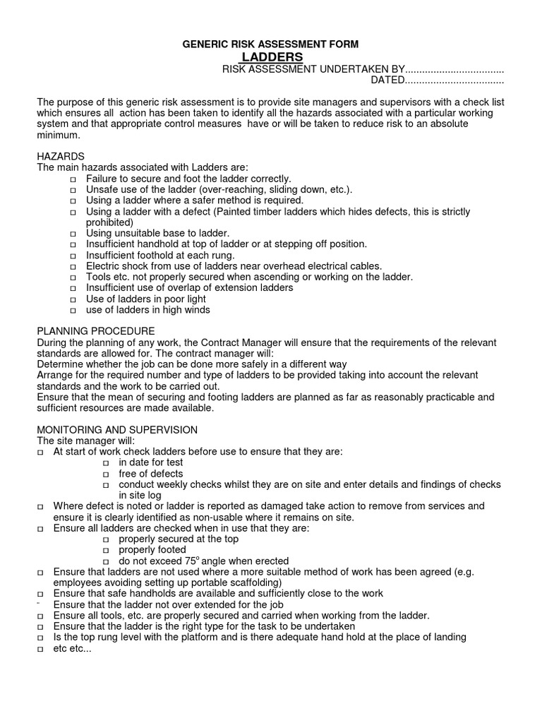 Ladders: Generic Risk Assessment Form | PDF | Ladder | Risk Assessment