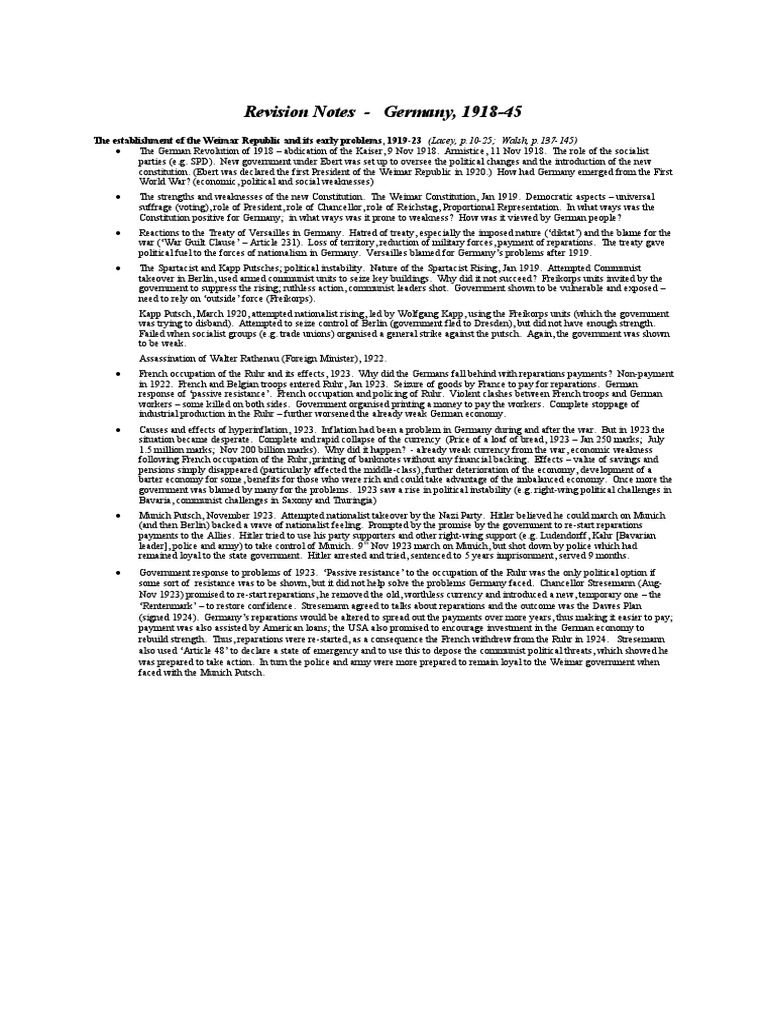 Revision Notes - Germany, 1918-45 | PDF | Weimar Republic | Nazi Germany
