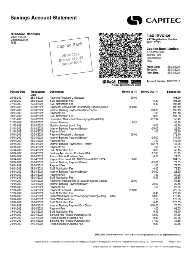 Capitec Savings Account Statement | PDF | Payments | Fee