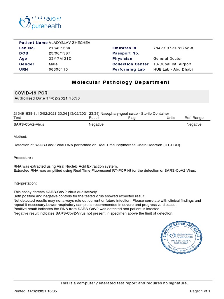 COVID-19 PCR Test Report for Zhechev | PDF