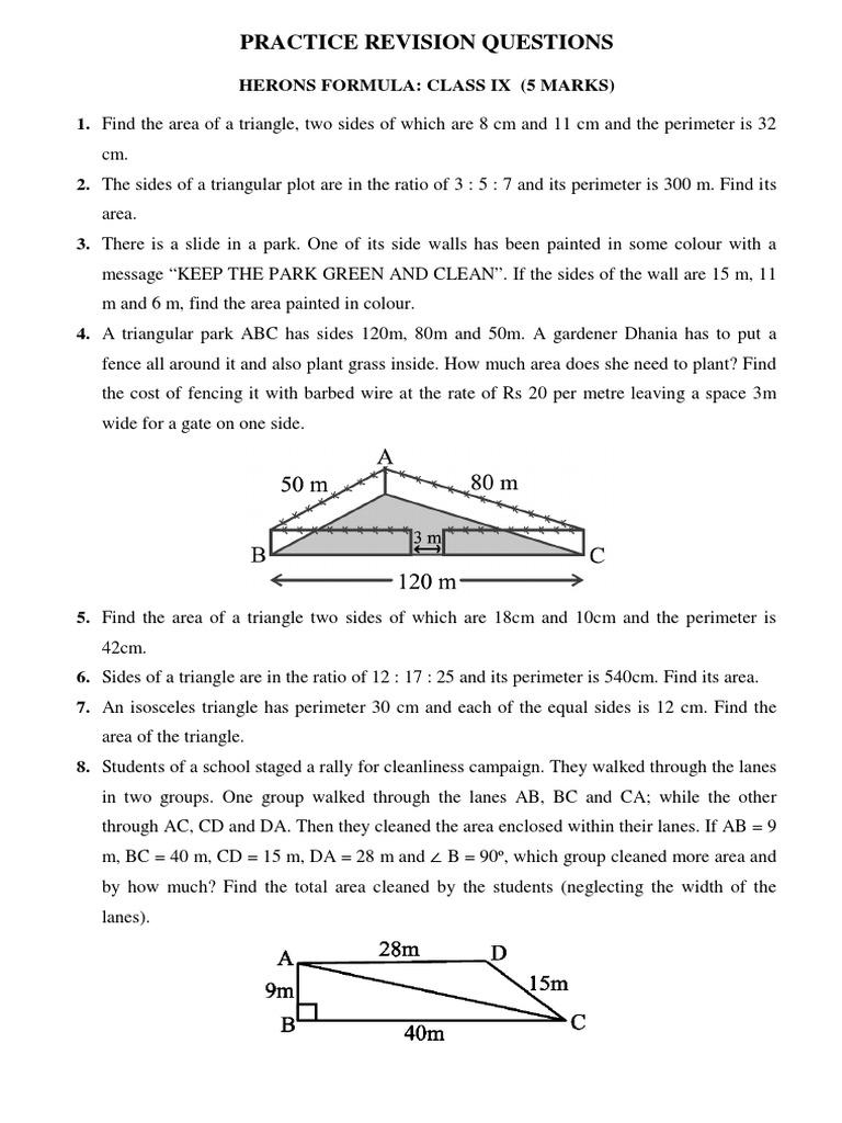 Practice Revision Questions Herons Formula Pdf Area Triangle