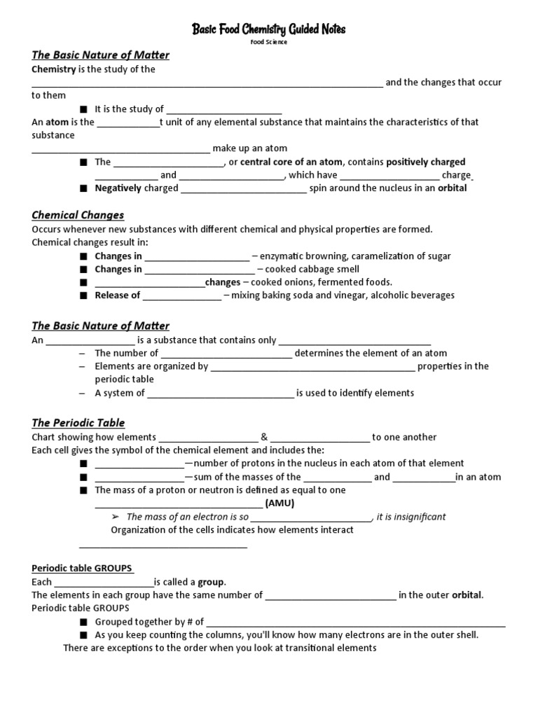 Basic Food Chemistry Guided Notes | PDF | Chemical Compounds | Chemical ...