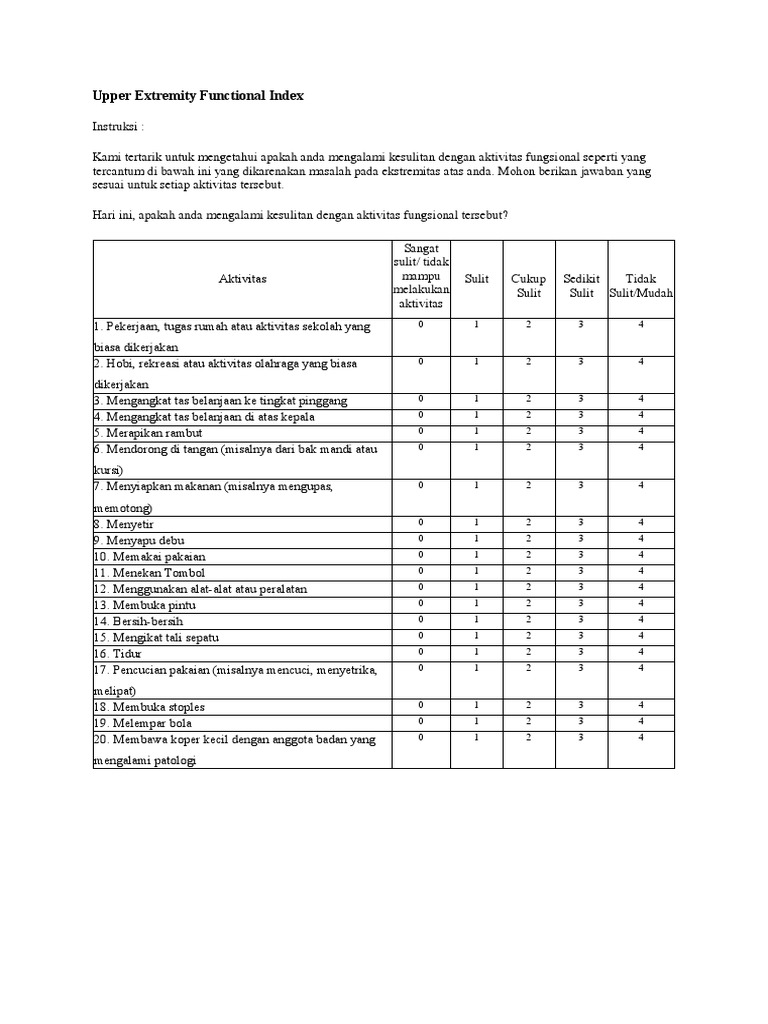 Upper Extremity Functional Index Word | PDF