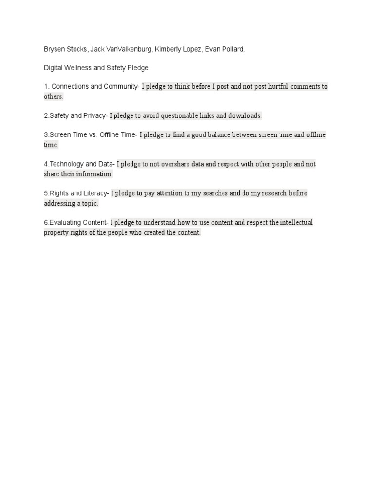 Digital Wellness and Safety Pledge | PDF