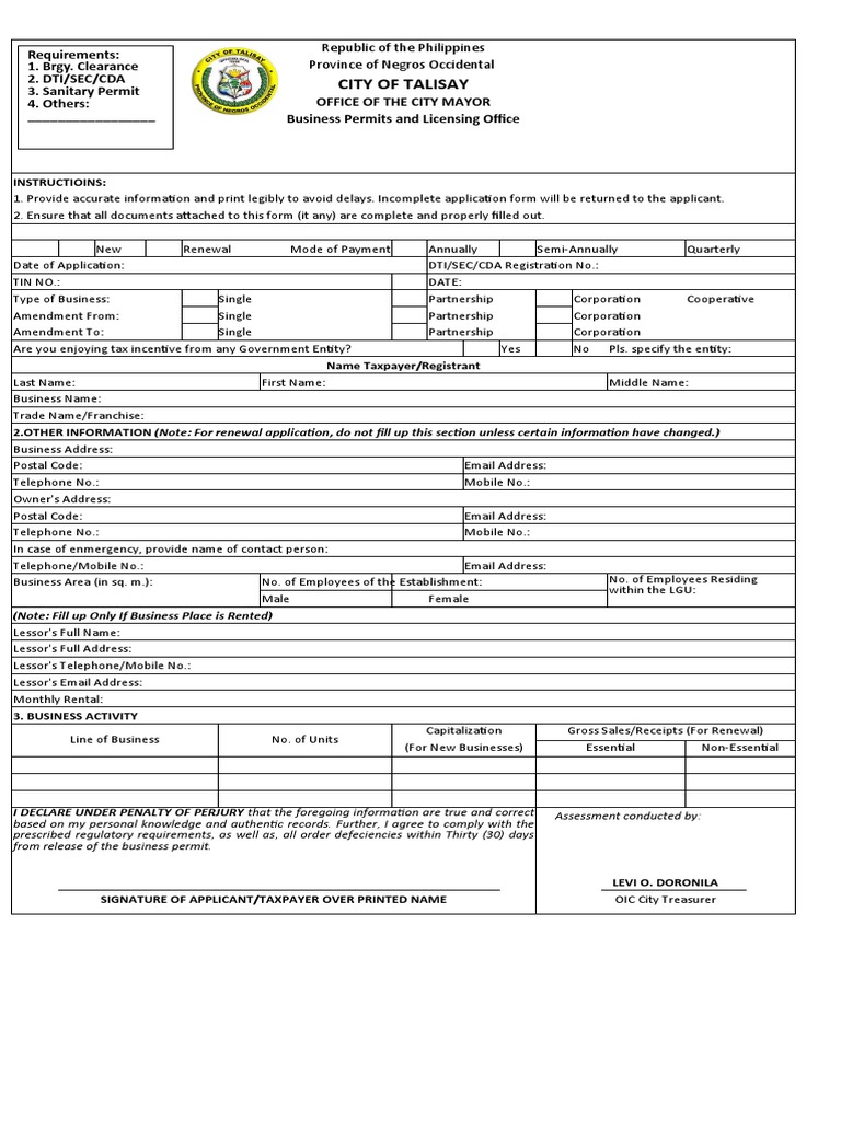 City of Talisay: Requirements: 1. Brgy. Clearance 2. Dti/Sec/Cda 3 ...