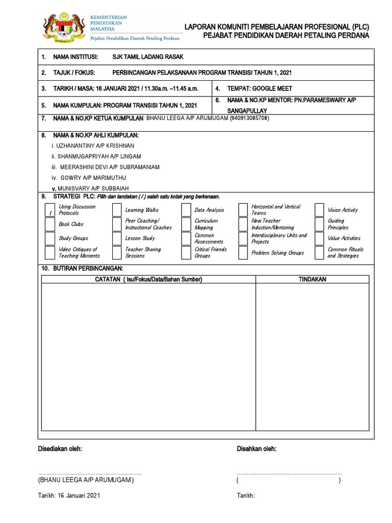 Borang Pelaporan Pelaksanaan PLC - 2021 | PDF