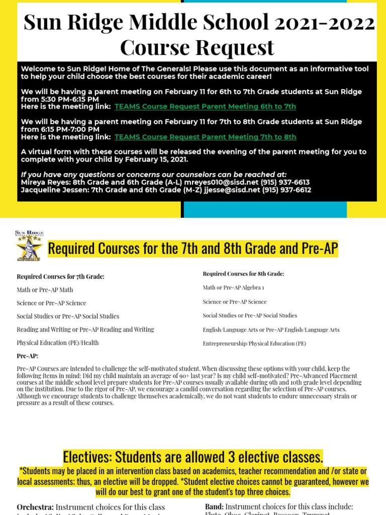 Sun Ridge Middle School 2021-2022 Course Request 7th and 8th | PDF ...