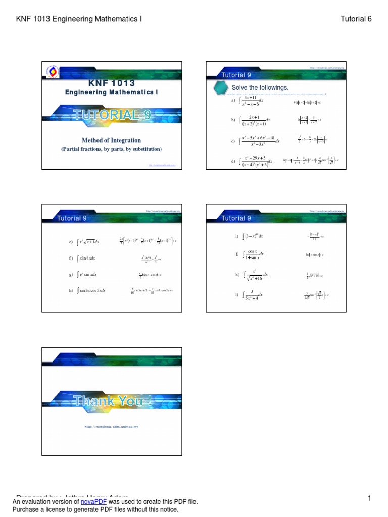 Tutorial 9 (New) - Integration (Partial Fractions, by Part, by ...