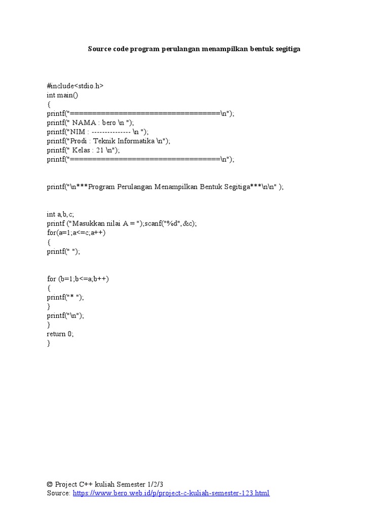 Contoh Program Perulangan C++ Menampilkan Bentuk Segitiga | PDF