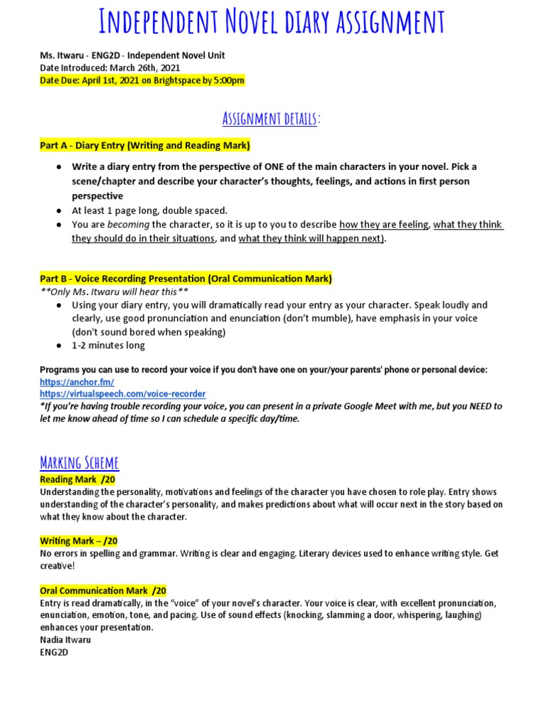 Independent Novel Diary Assignment | PDF | Romeo And Juliet ...