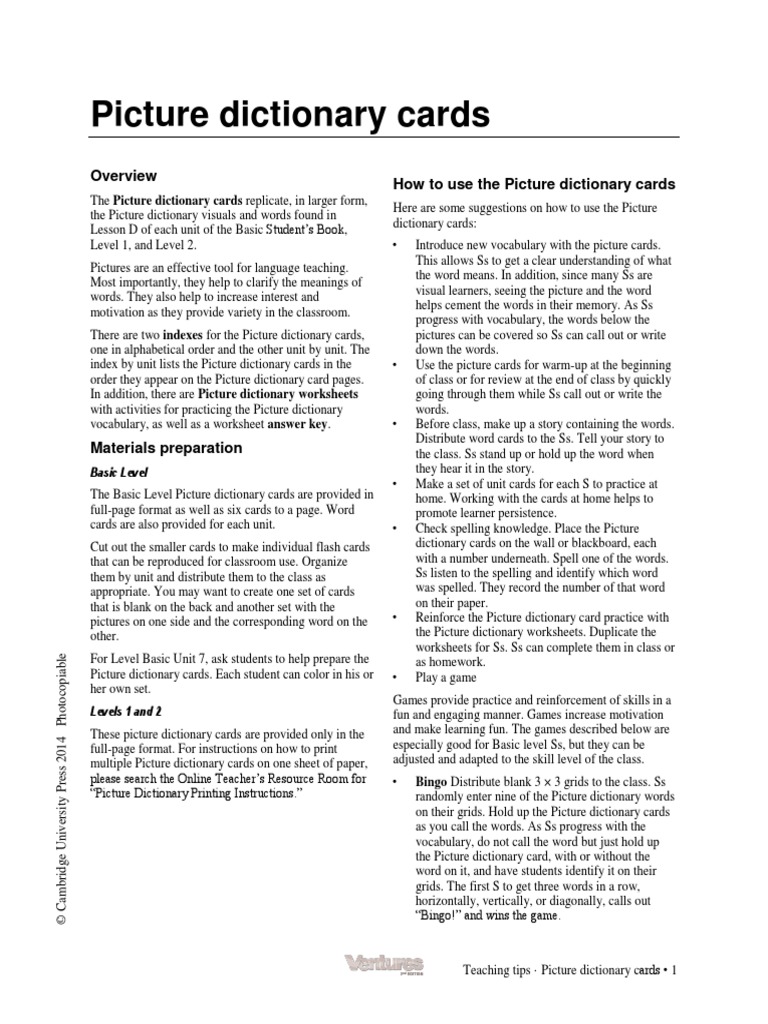 How To Use The Picture Dictionary Cards | PDF | Worksheet | Vocabulary