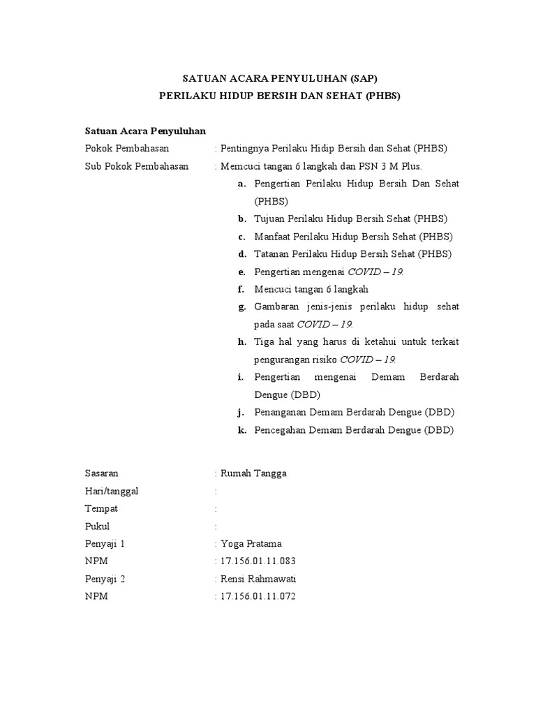Satuan Acara Penyuluhan SAP PHBS Revisi | PDF
