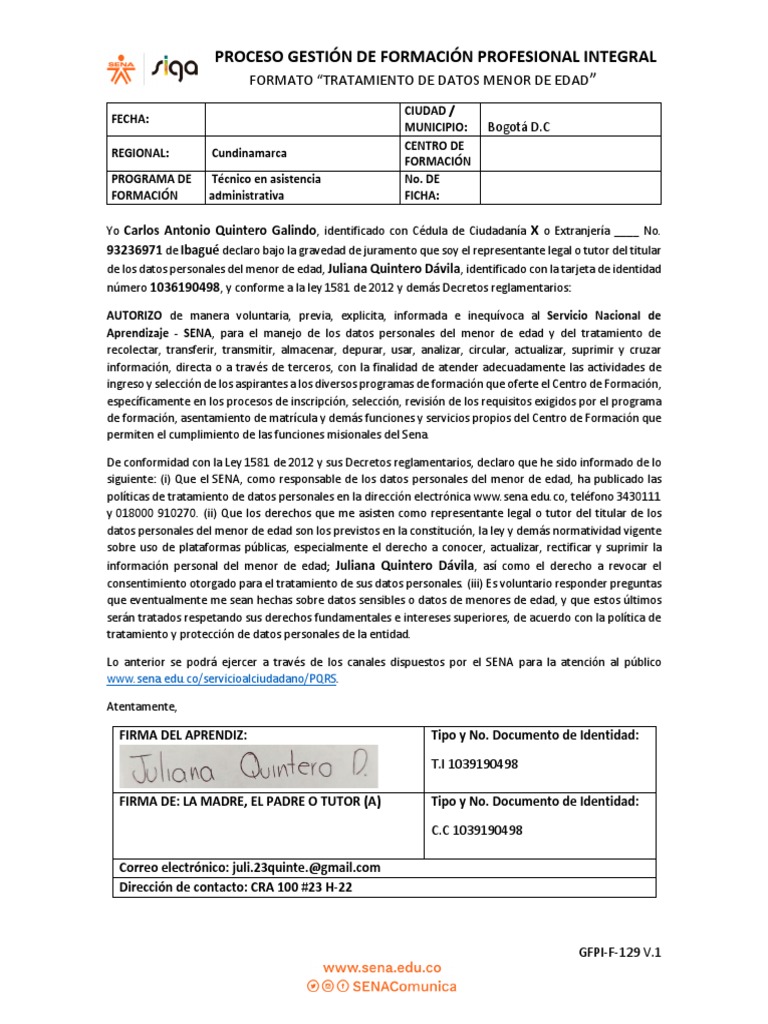 GFPI-F-129 - Formato - Tratamiento - de - Datos - Menor - de - Edad (Quintero Davila Juliana ...