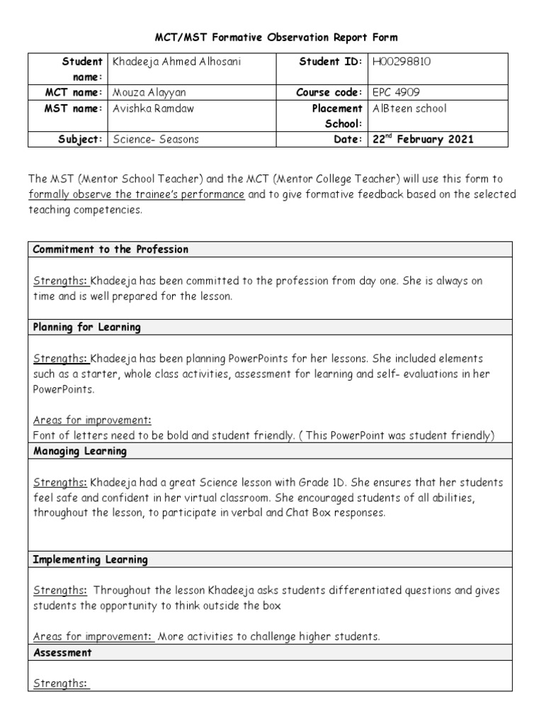 Khadeeja-Formative Report Form - Science Sesons | PDF