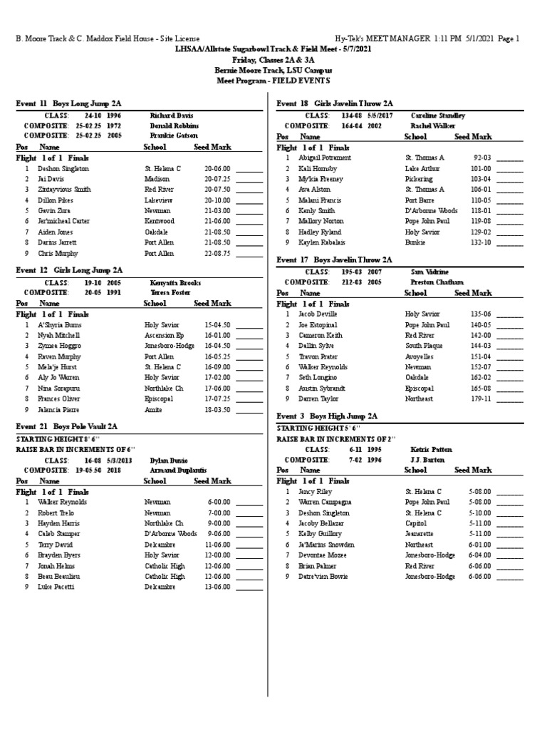 2a Field Heat Sheets | PDF | Track And Field | Athletics