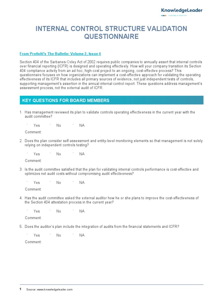 Internal Control Structure Validation Questionnaire | PDF | Internal ...