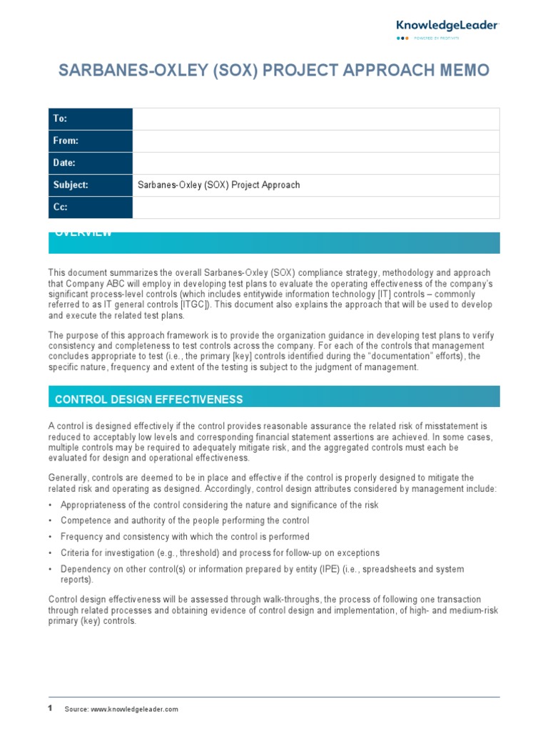 Sarbanes-Oxley (SOX) Project Approach Memo | PDF | Internal Audit ...