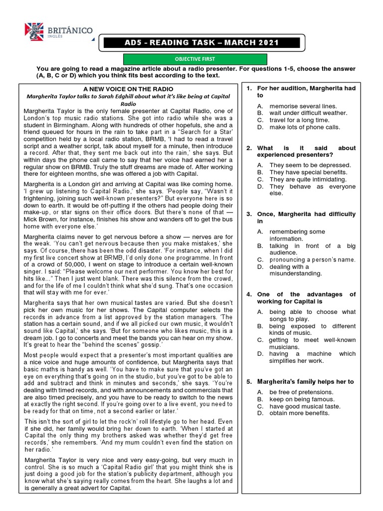 Ad5 Objective First Reading Task Mar 2021 | PDF | Entertainment (General)