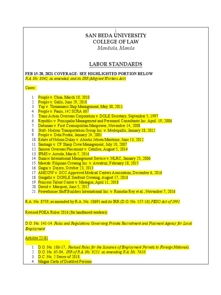 Labor Standards and Employment Laws Overview | PDF | Philippines | Business