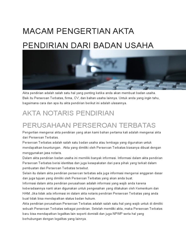 Macam Pengertian Akta Pendirian Dari Badan Usaha | PDF