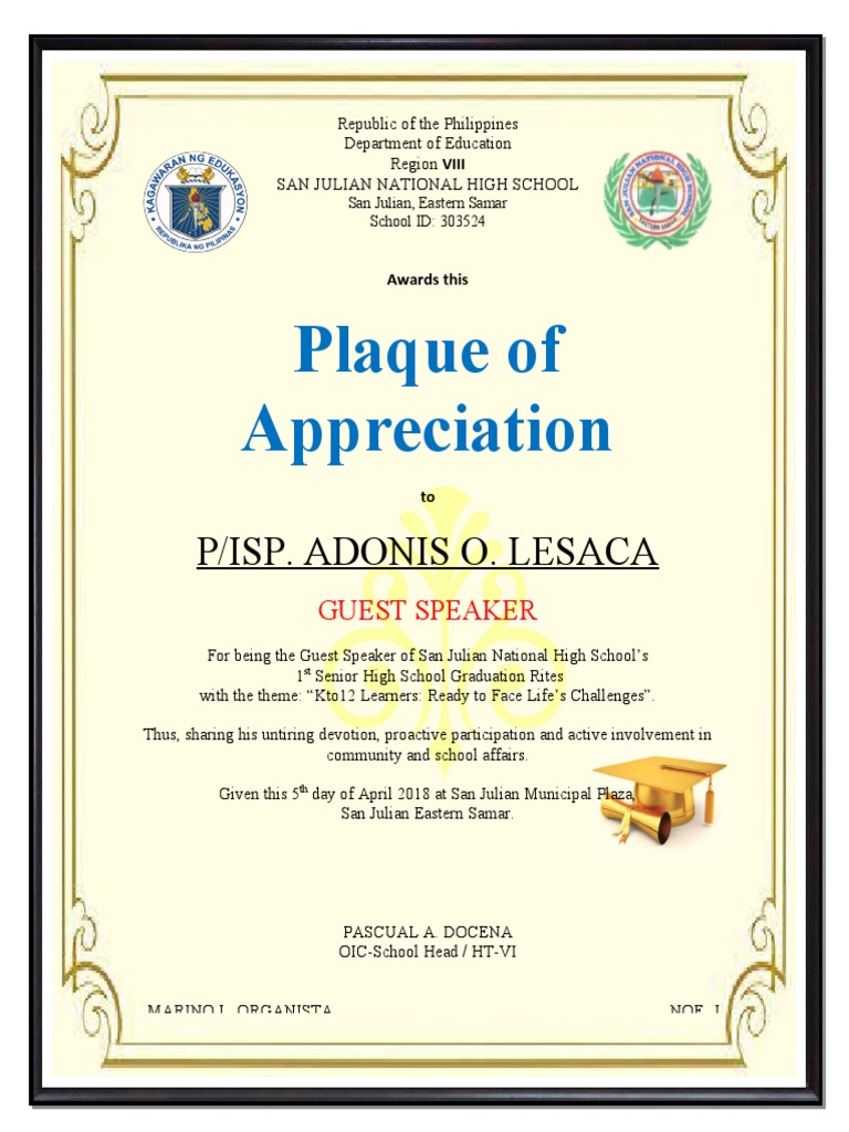 Plaque of Appreciation | PDF
