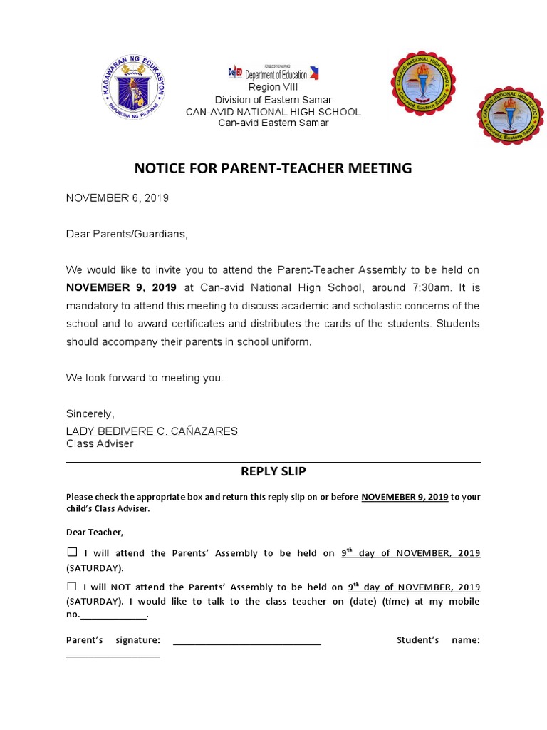 Notice For Parent-Teacher Meeting: Reply Slip | PDF