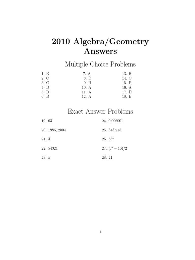 2010 Algebra/Geometry Answers: Multiple Choice Problems | PDF