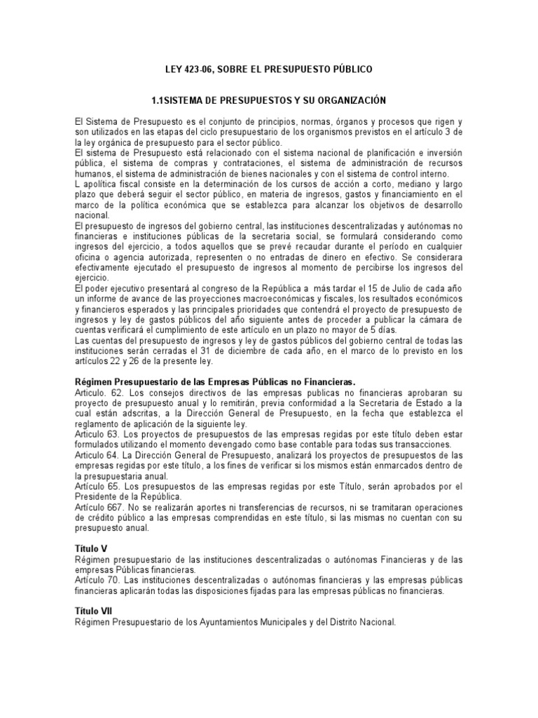 Ley 423-06, Sobre El Presupuesto Público | PDF | Presupuesto del ...