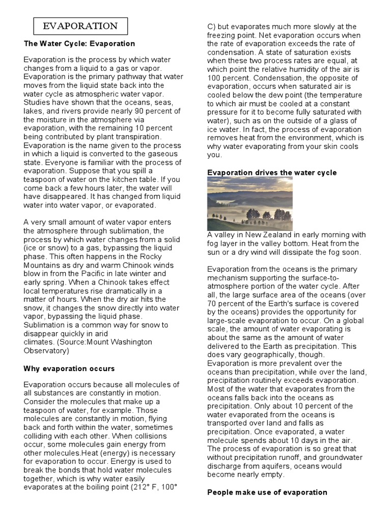 Evaporation: The Water Cycle: Evaporation | PDF | Evaporation | Human Body