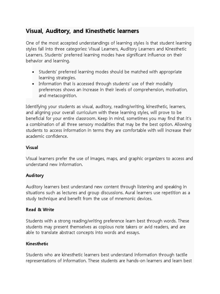 Visual, Auditory, and Kinesthetic Learners | PDF | Learning Styles ...