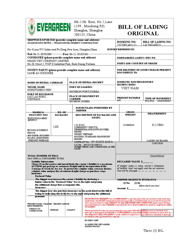 Bill of Lading Original: 8th-12th Floor, No.2, Lane 1199, Minsheng RD ...