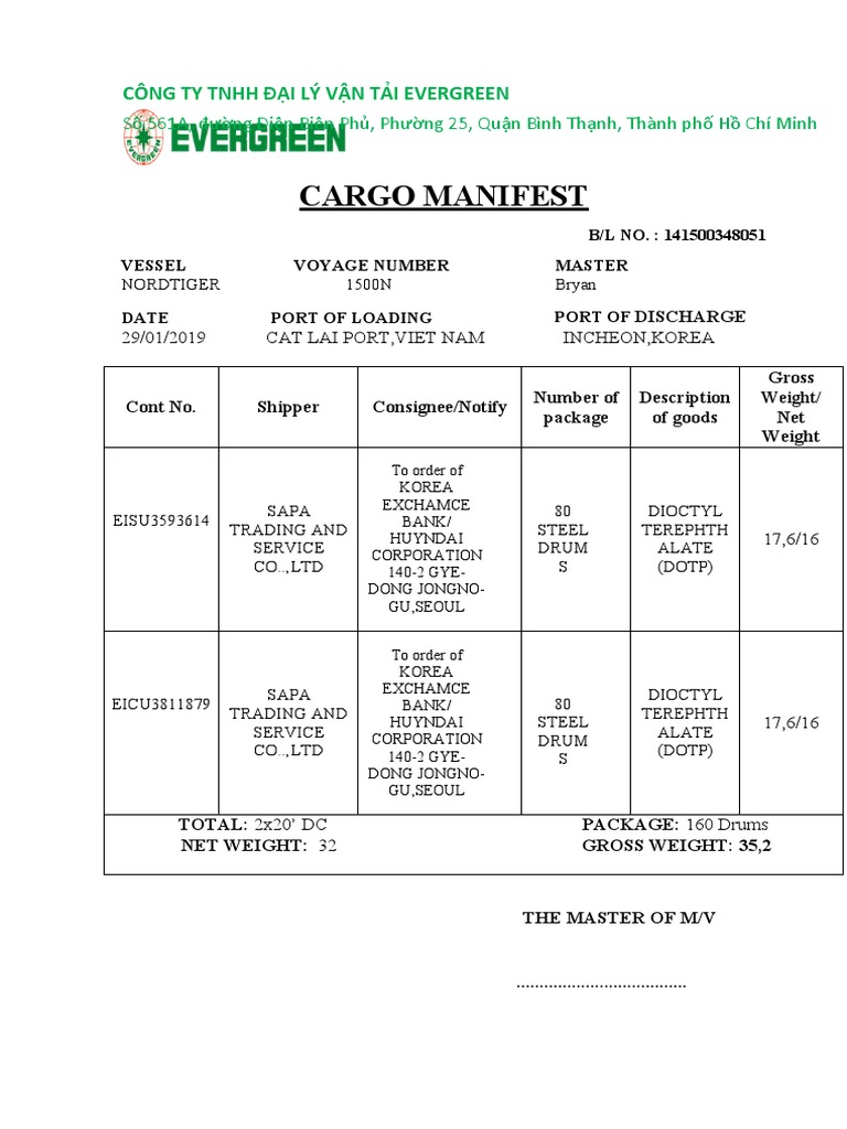 Cargo Manifest: Công Ty Tnhh Đại Lý Vận Tải Evergreen | PDF | Consumer ...