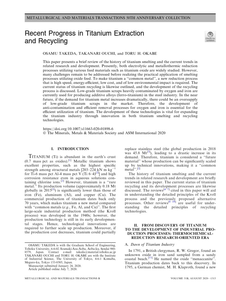 Recent Progress in Titanium Extraction and Recycling | PDF | Titanium ...