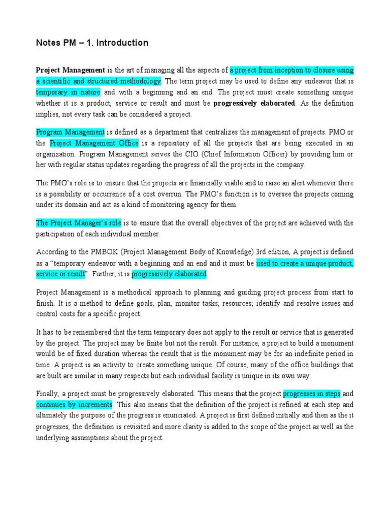 Notes PM - 1. Introduction: Project Management Is The Art of Managing ...