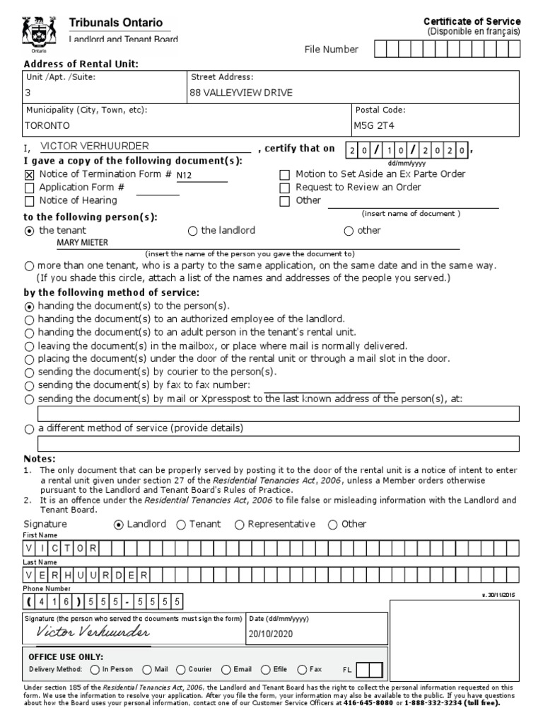 Certificate of Service (For N12) | PDF | Leasehold Estate | Mail