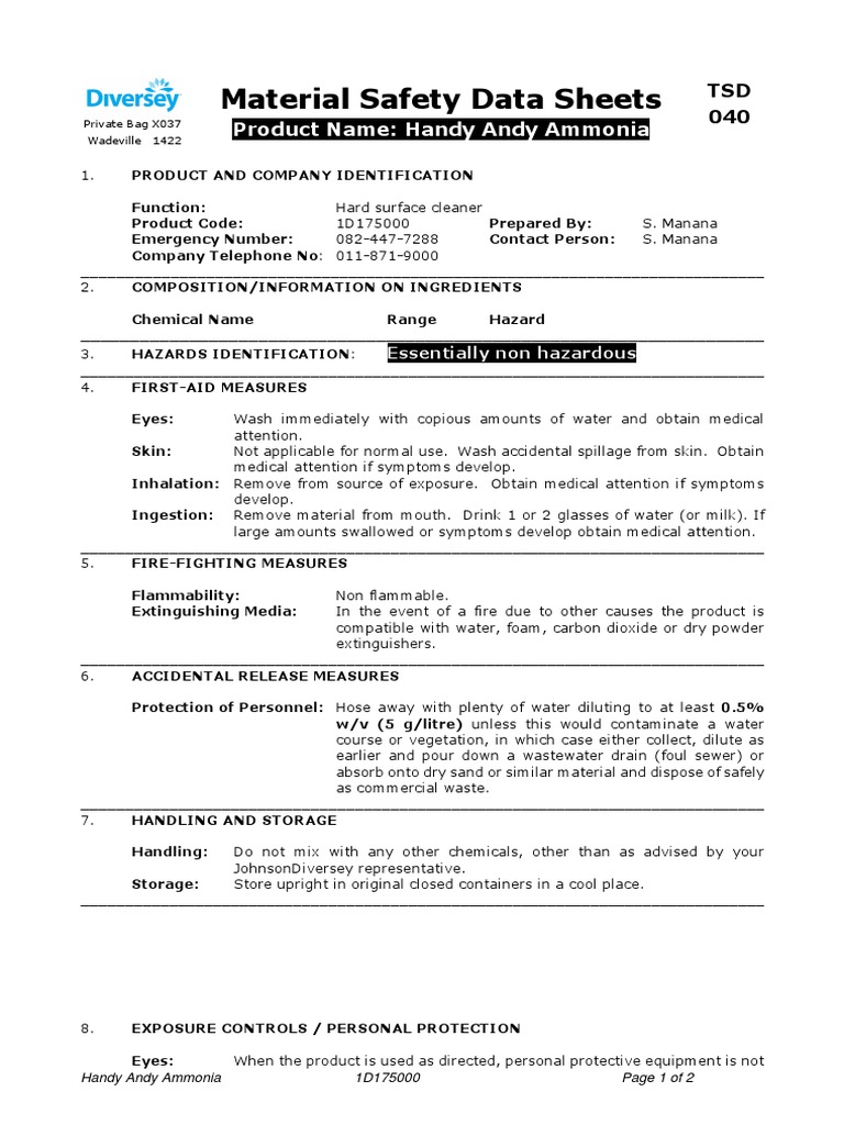 Material Safety Data Sheets: Product Name: Handy Andy Ammonia | PDF ...