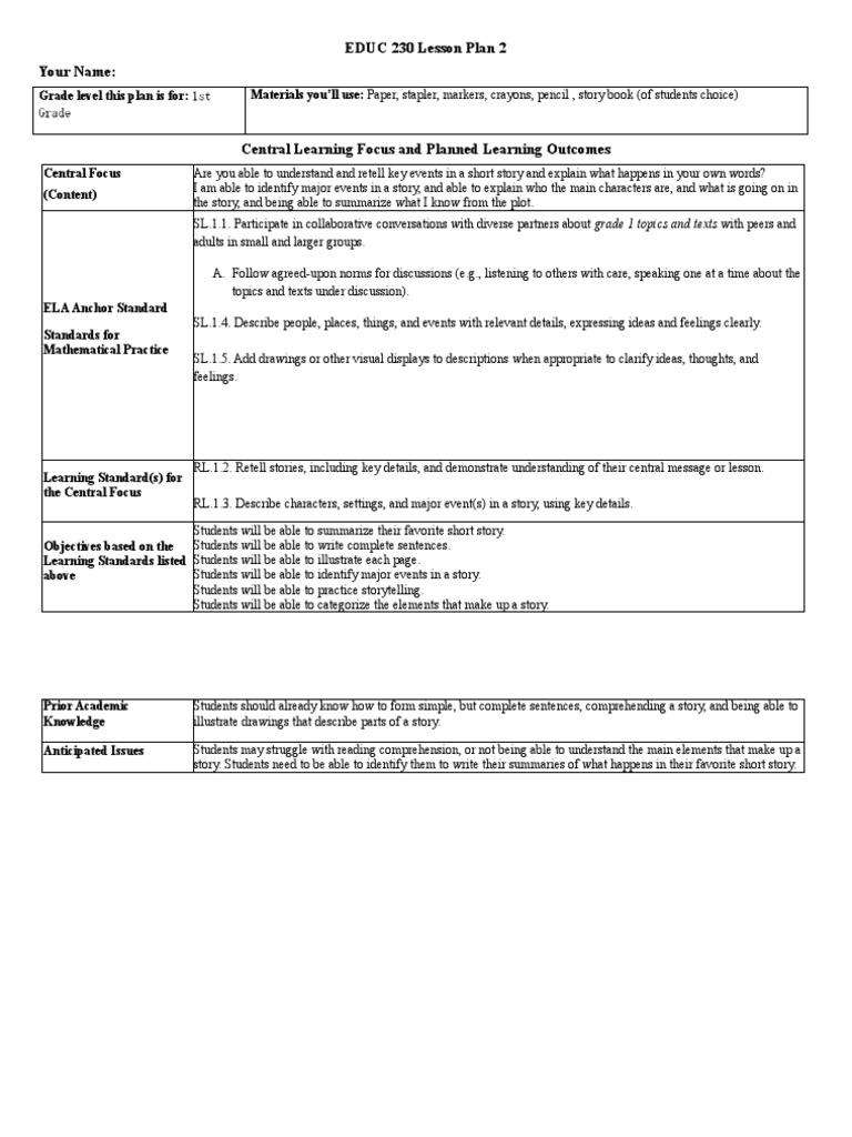 Lesson Plan 2 Educ 230 | PDF | Educational Assessment | Reading ...