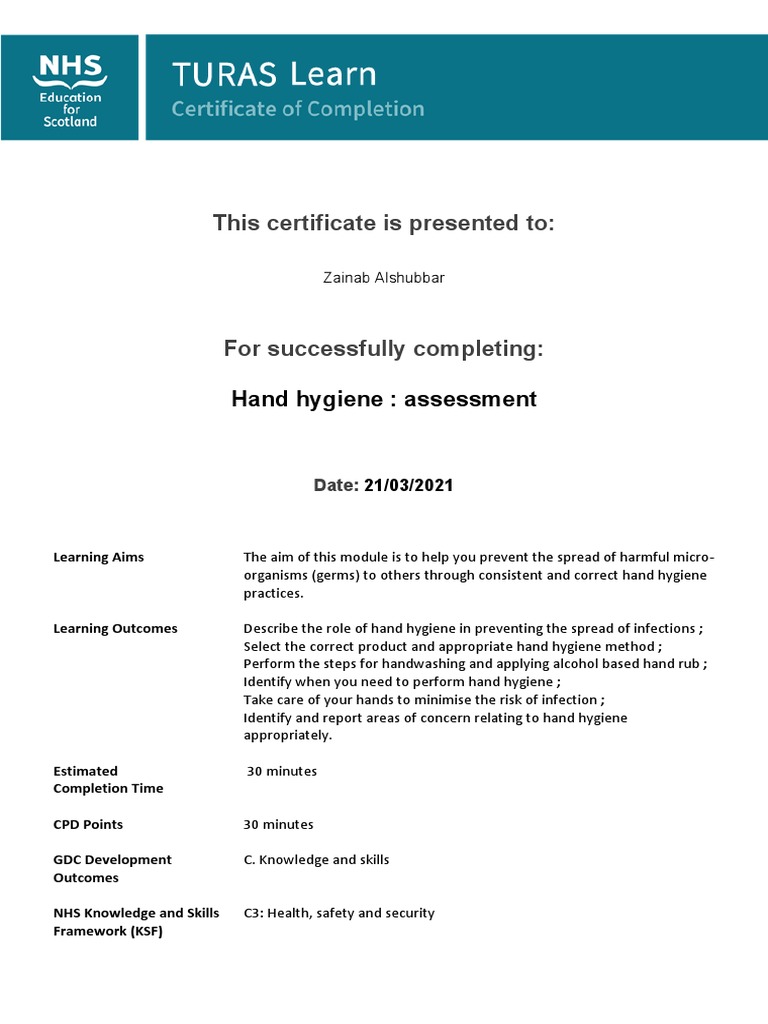 This Certificate Is Presented To:: Hand Hygiene: Assessment | PDF