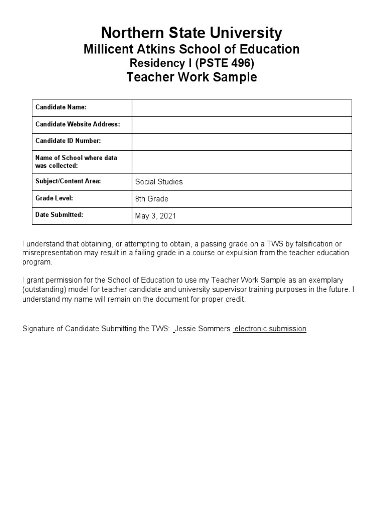 Pste 496-Teacher Work Sample | PDF | Classroom Management | Goal
