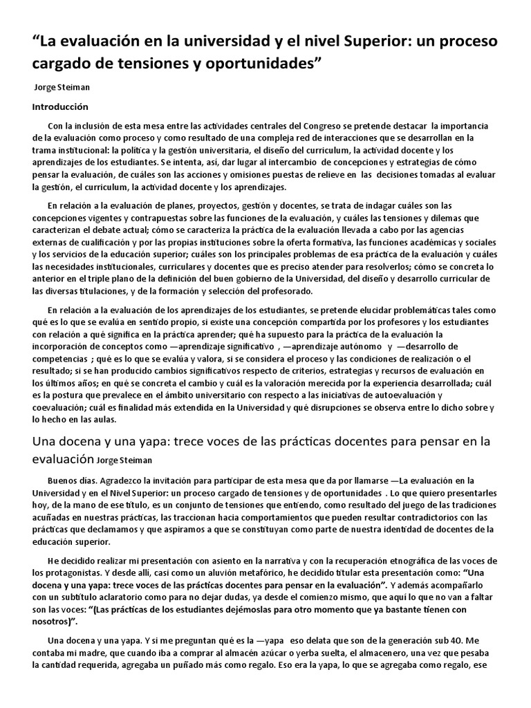 STEIMAN - La Evaluación en La Universidad y El Nivel Superior | PDF ...