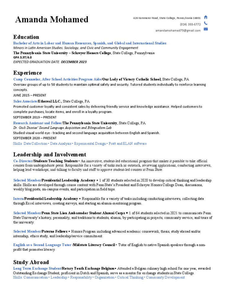 Amanda Mohamed Resume 2020 | Pennsylvania State University ...