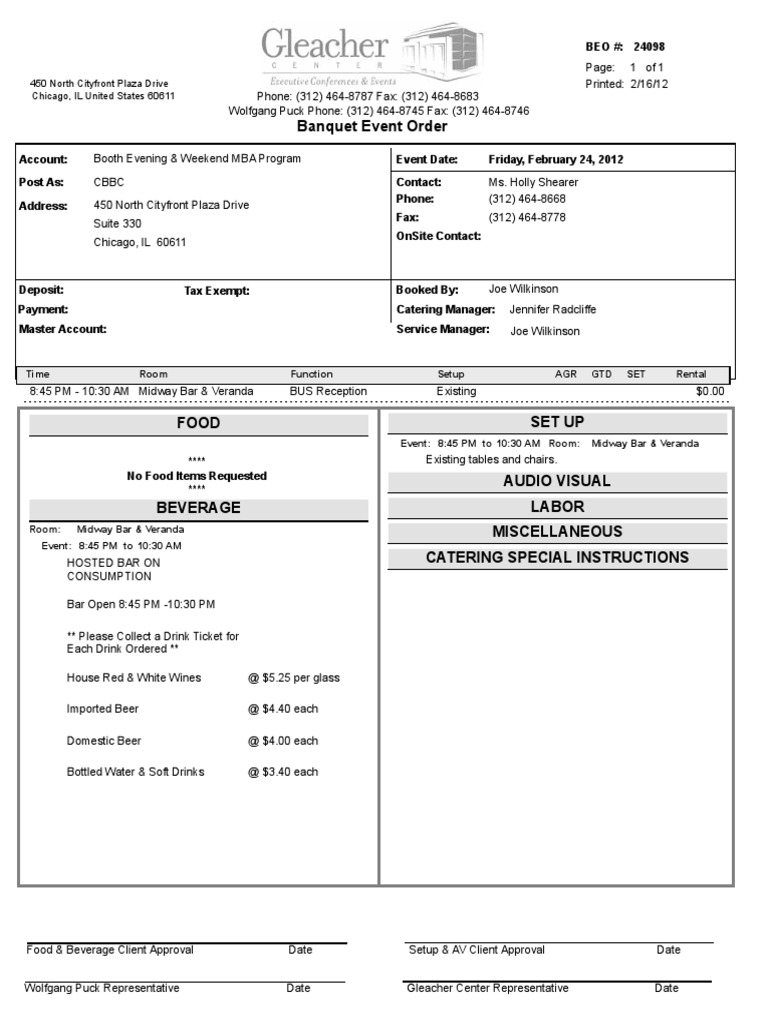 Banquet Event Order Sample Template | PDF | Drink | Alcohol