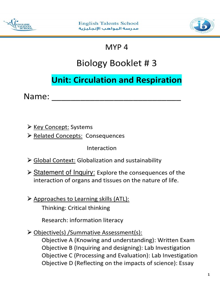 MYP Biology Booklet # 3 Grade9 - MS1 | PDF | Respiratory System | Heart